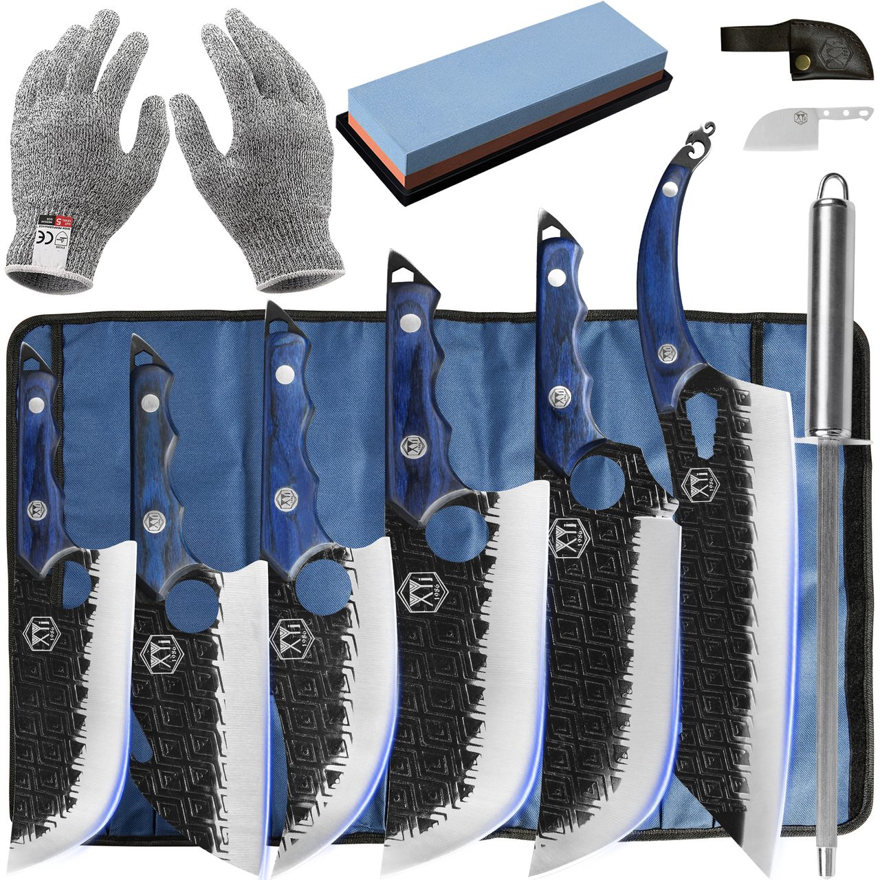 XYJ Camping Butcher Knife Set With Roll Bag Sharpener