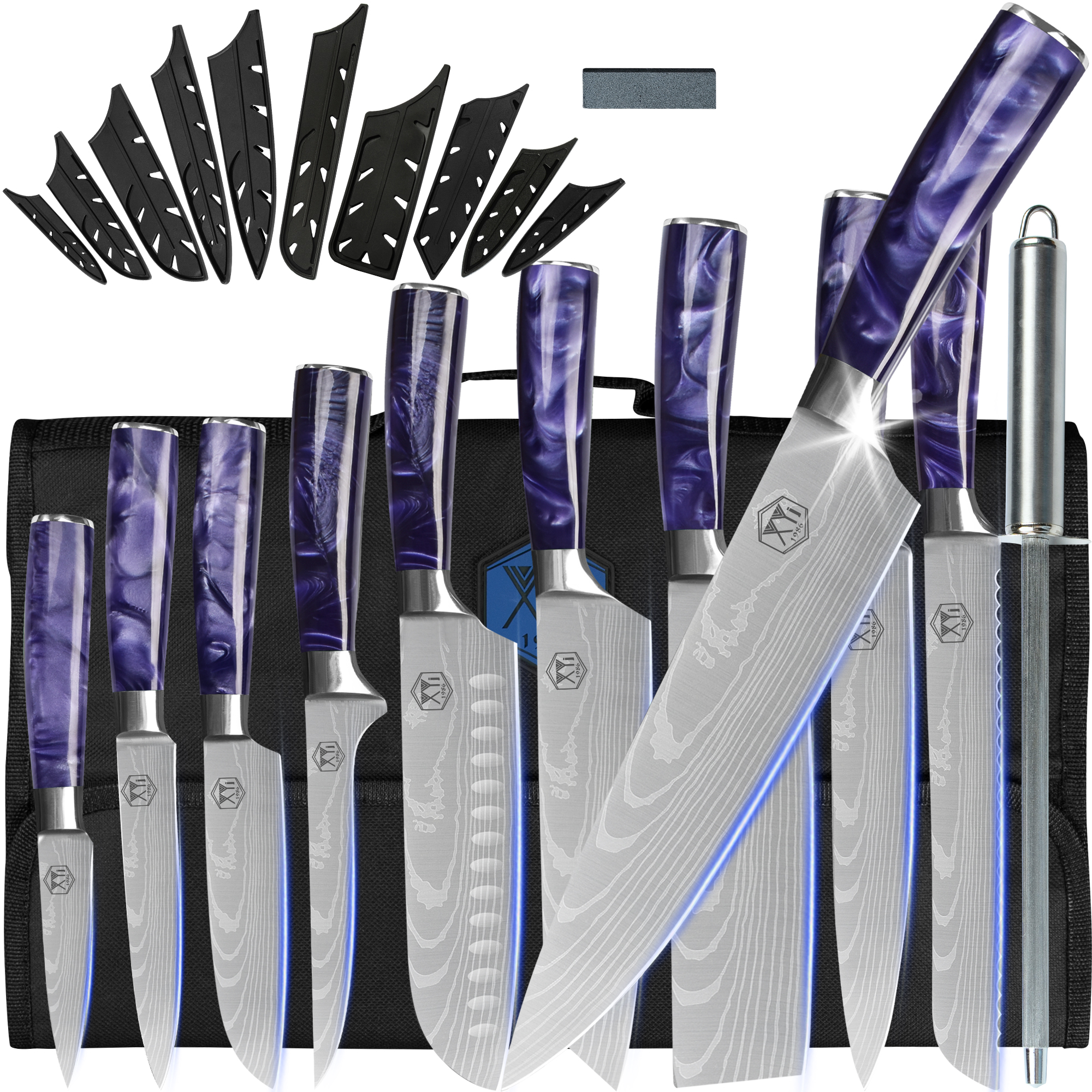 XYJ Japanese Culinary Knives Set With Roll Bag&Cover Sharpener Rod