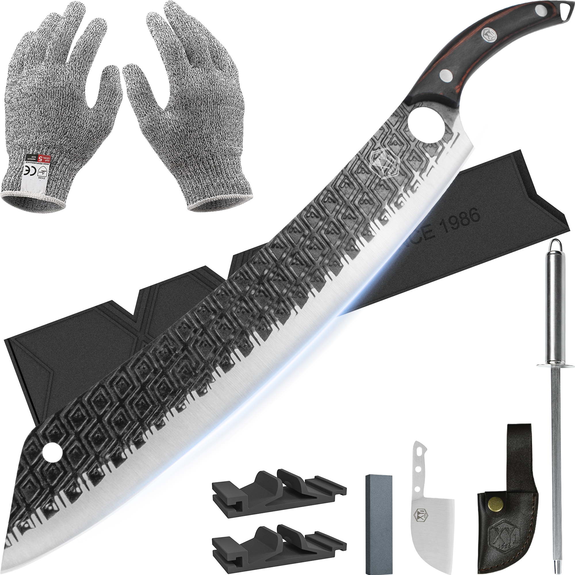 XYJ Curved Slicing Knife With Sheath Honing Steel Pocket Knives