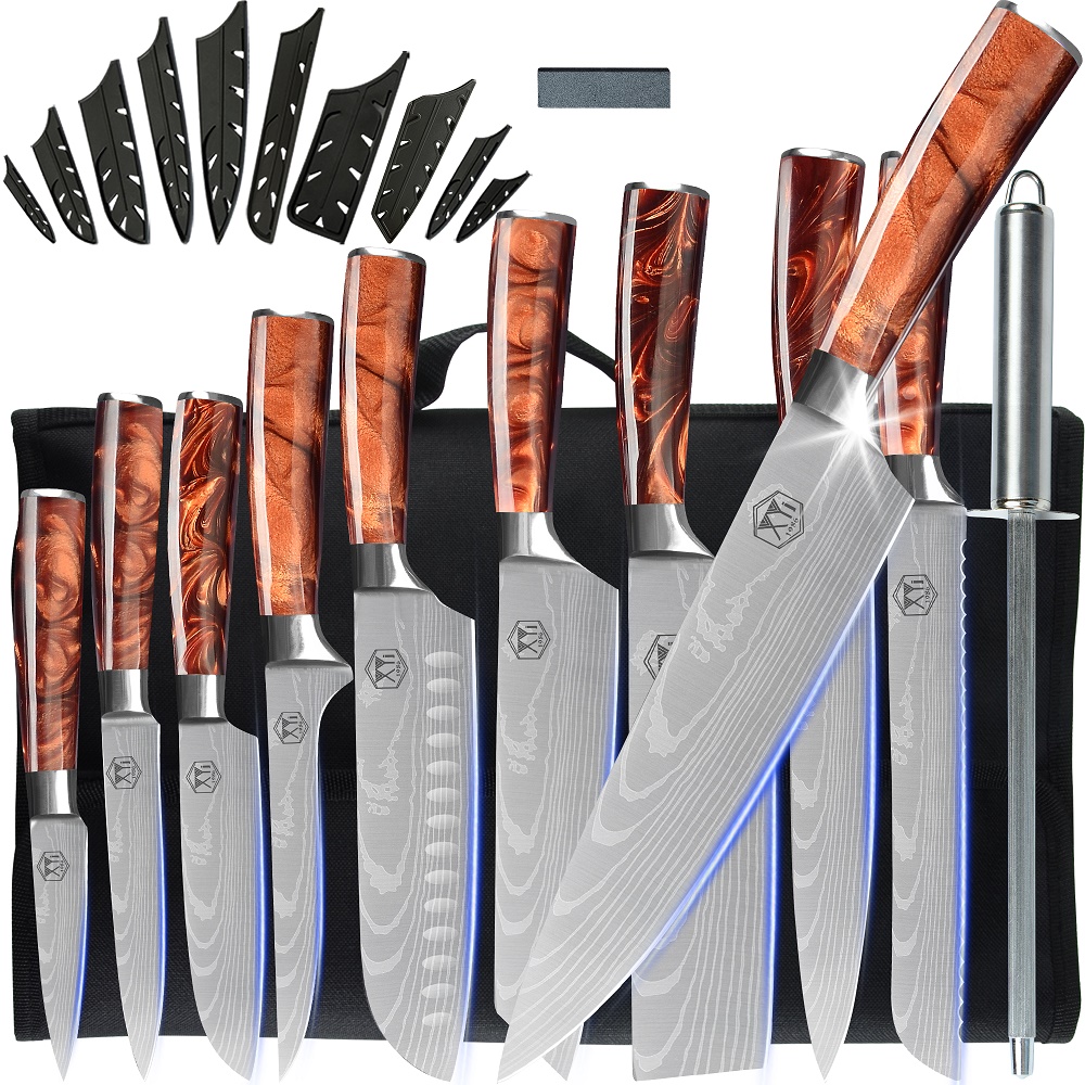 XYJ Stainless Steel Chef Knives Set With Carry Bag Sharpener Rod Whetstone