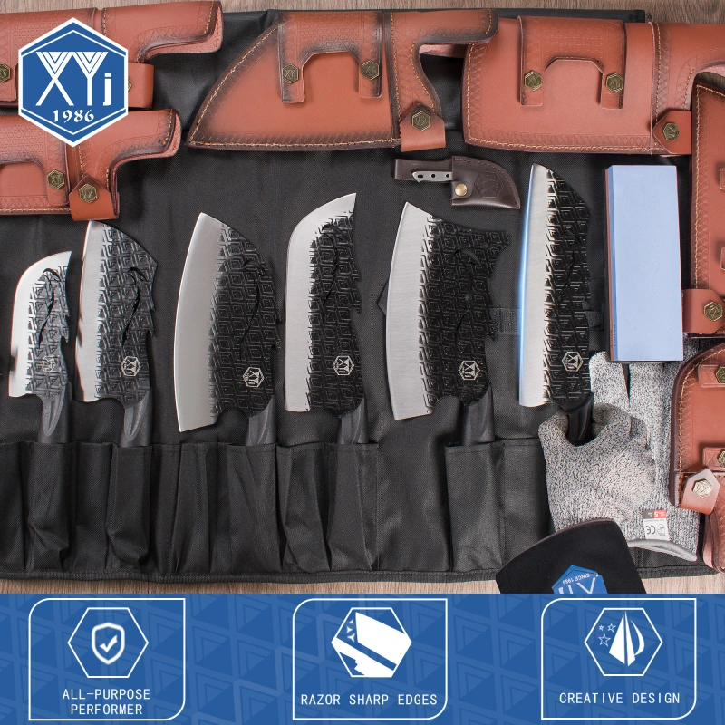 XYJ Chef Santoku Knives Set With Leather Sheath Bag Whetstone
