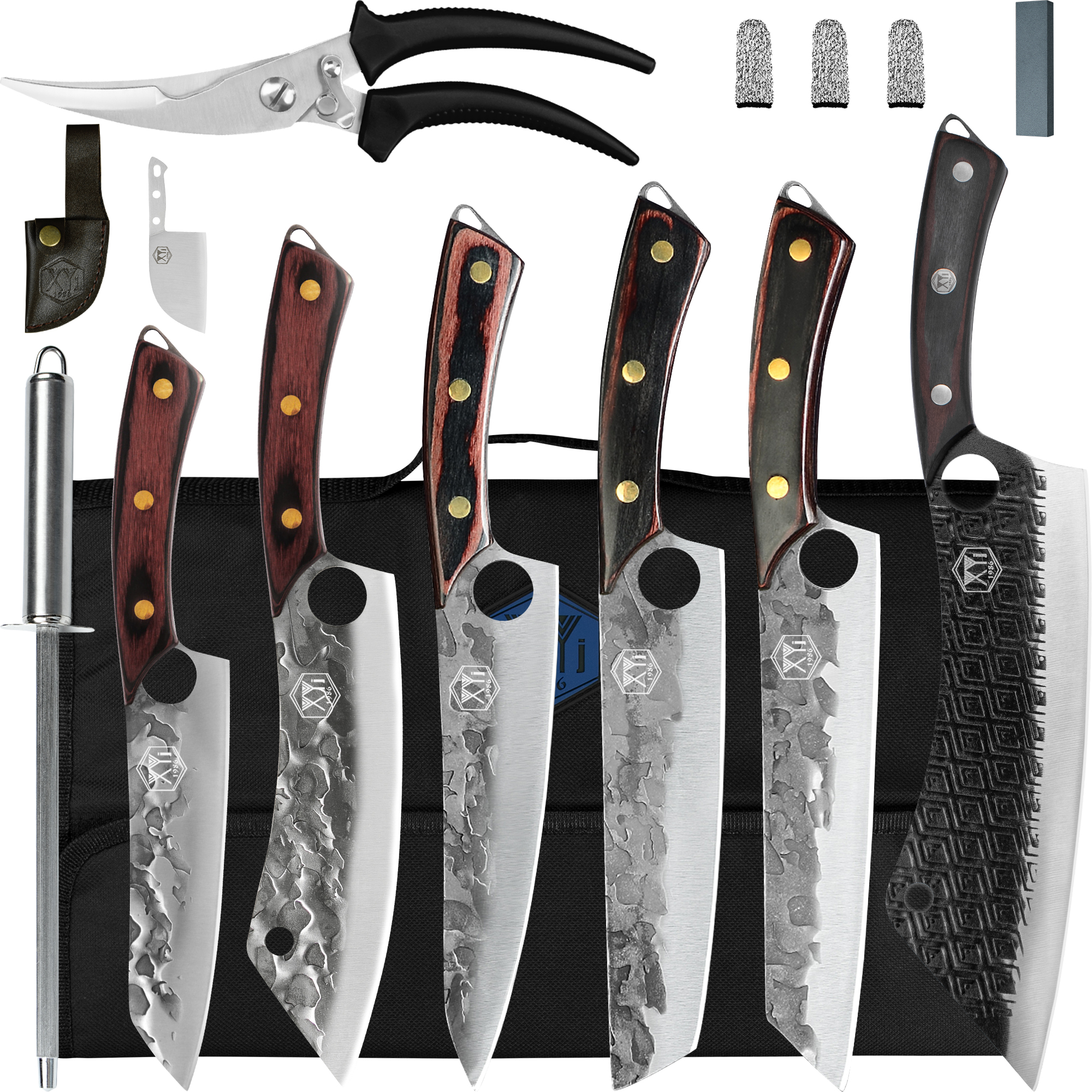 XYJ Camp Cooking Knives Set With Roll Bag Sharpener Stick Scissors