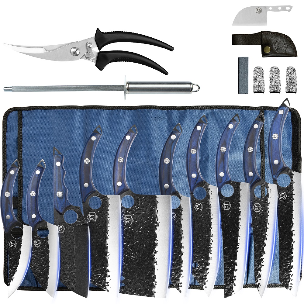 XYJ Forged Kitchen Knife Set With Roll Bag Scissors Honing Steel