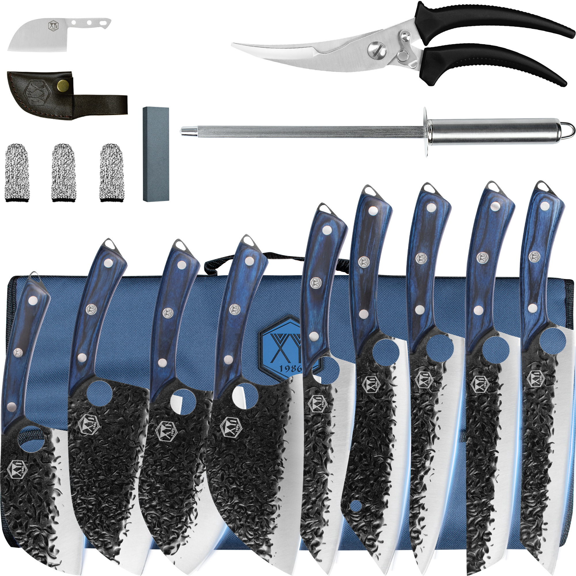XYJ Butcher Cooking Knives Set with Bag Honing Steel Shears