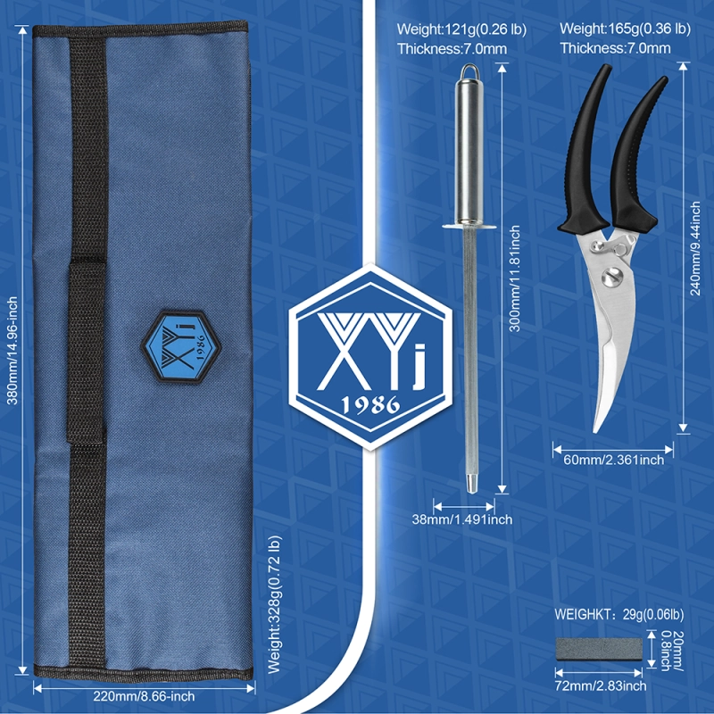 XYJ 7pcs full tang kitchen knife set with roll bag