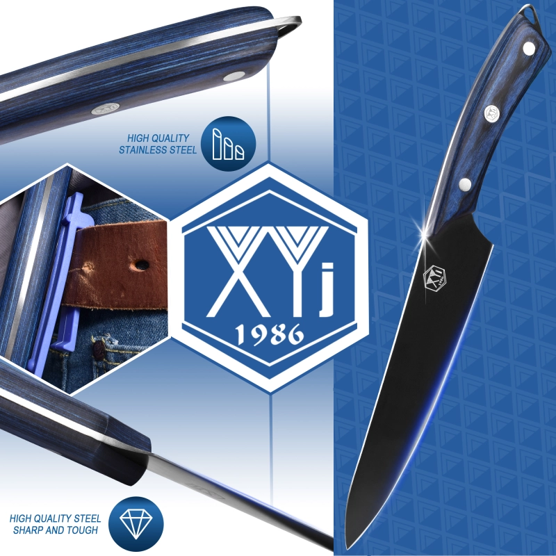 XYJ 7pcs full tang kitchen knife set with roll bag