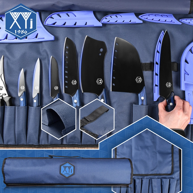 XYJ 7pcs full tang kitchen knife set with roll bag