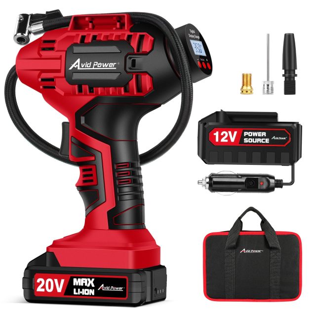 AVID POWER 20V Cordless Tire Inflator Portable Air Compressor Pump Red