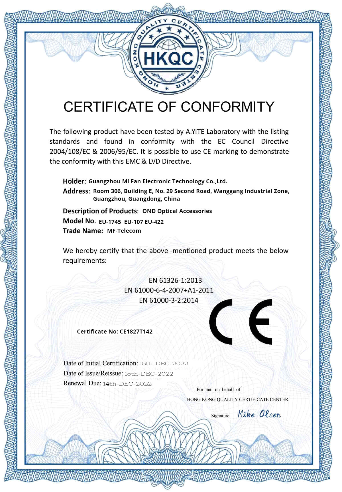 Mifan Telecom Certificates Quality OLT ONT Products