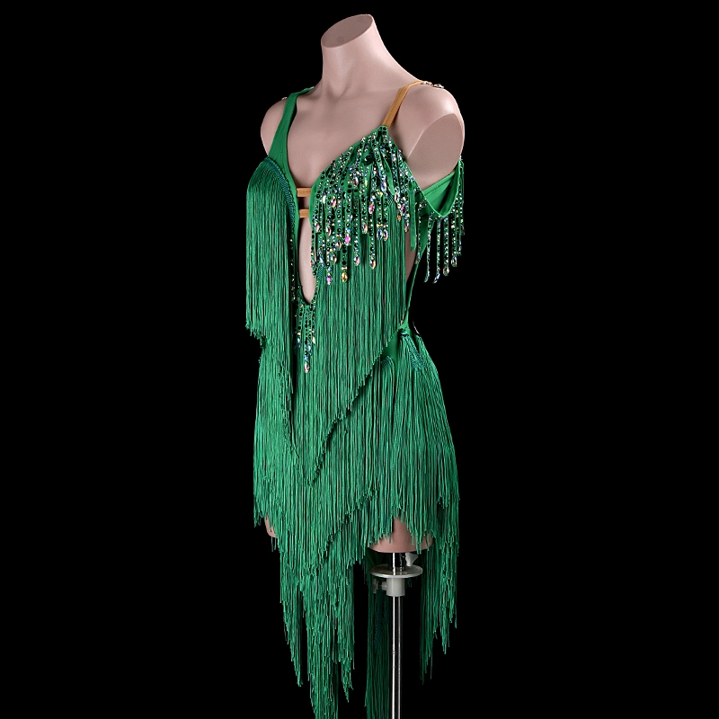 SYL green backless fringe stone fringe rhythm dance dress latin dance ...