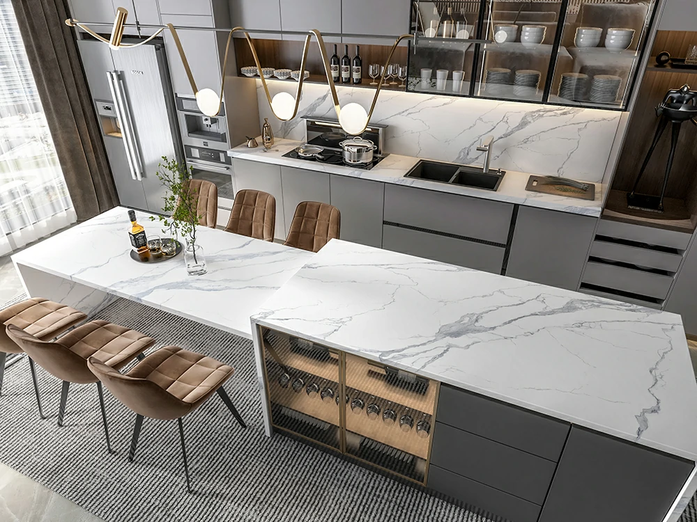 Calacatta White marble sintered stone slab countertops backdrop walls