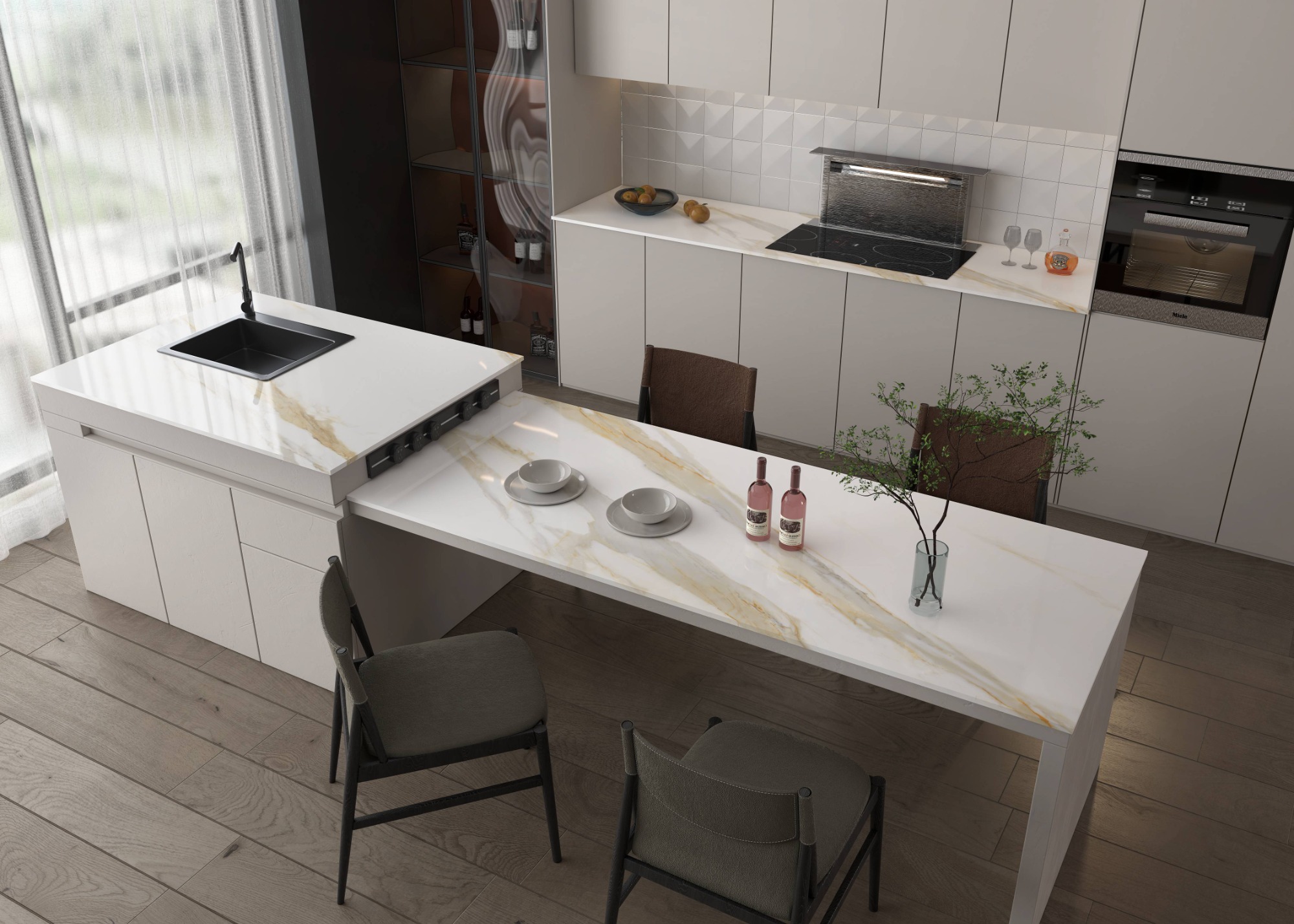 Full body Calacatta Gold porcelain countertops dining table