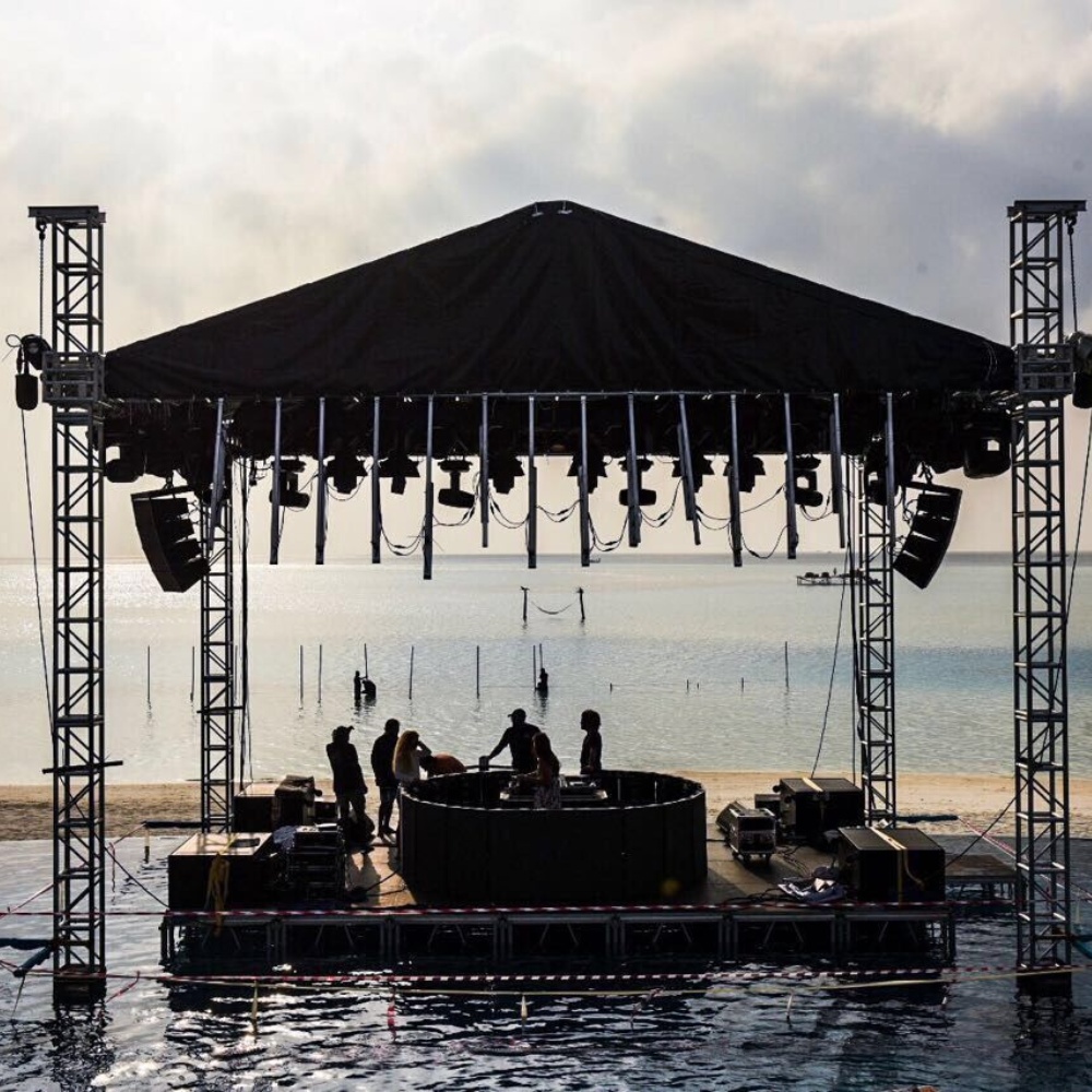 Swimming pool party event truss setup
