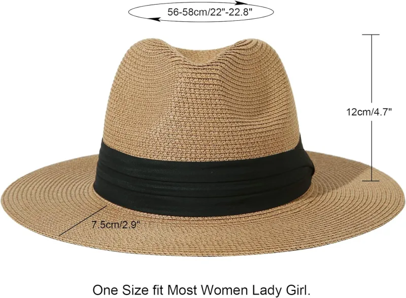 Lanzom Women Wide Brim Straw Panama Roll up Hat Fedora Beach Sun Hat UPF50+