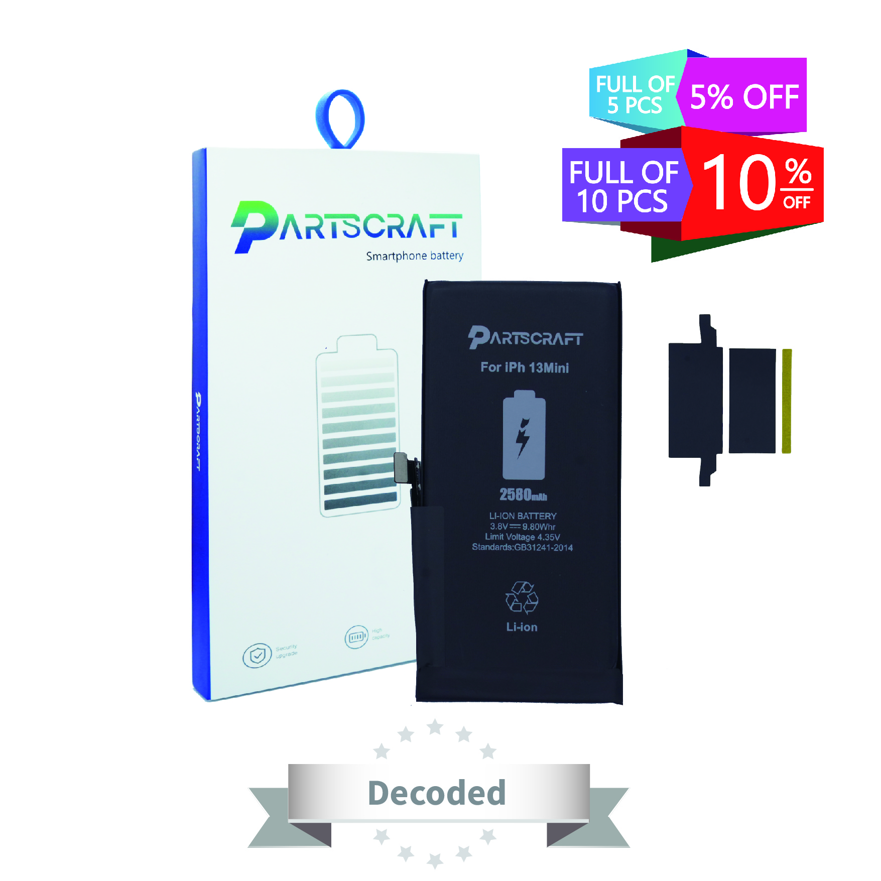 Decoded battery with Adhesive tape for iPhone 13 Mini 2580mAh (No Pop ...