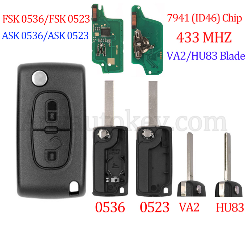 FSK / ASK 0536 / 0523 2 Button 307(VA2) Blade Citroen 433Mhz 7961 Chip ...