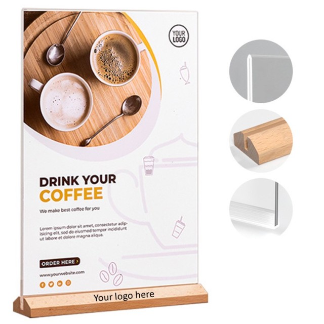 A6 Acrylic Desktop Sign W/ Wood Base T Shape Menu Holder