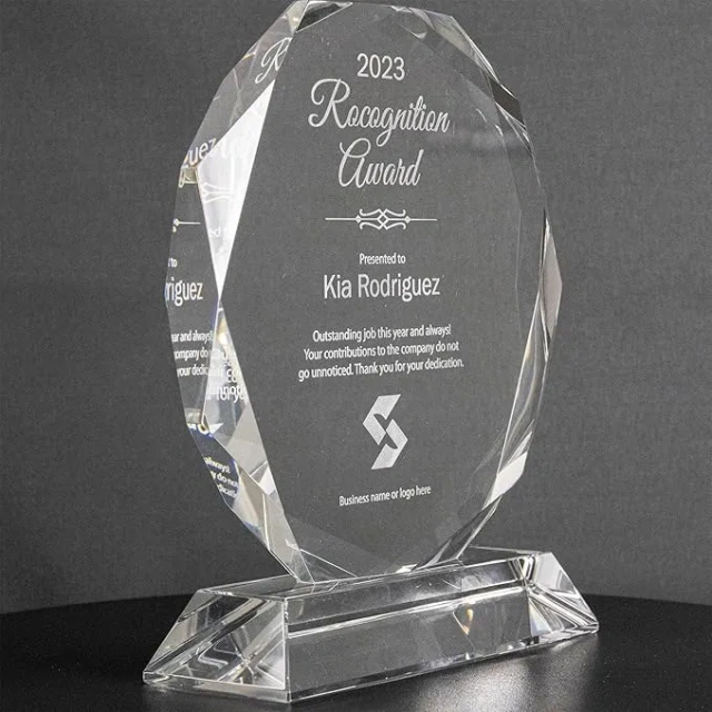 Custom Octagonal Crystal Employee Award Glass Trophy Plaque