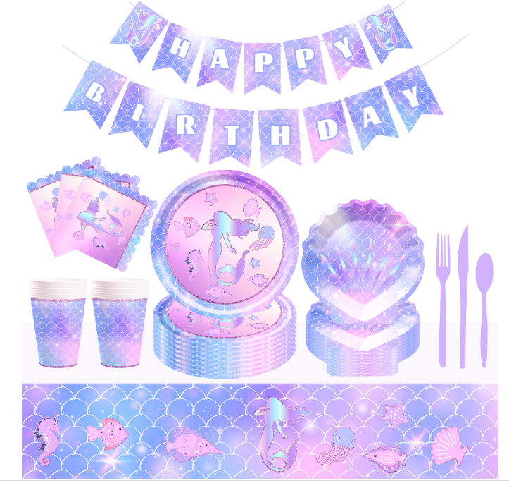 Mermaid Disposable Paper Dinnerware Set with Dinner Plates Dessert ...