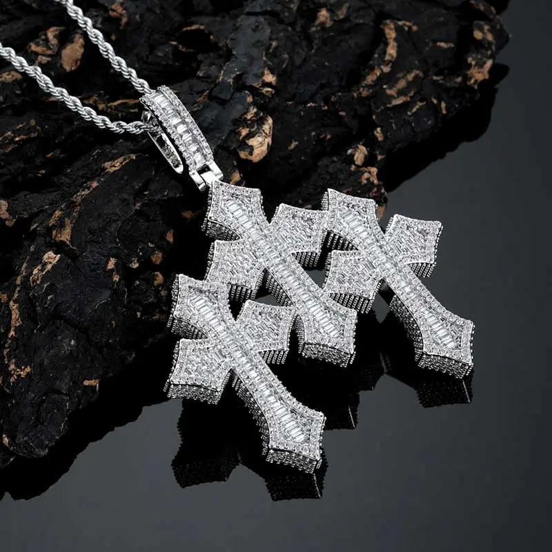 Iced Out Three Cross Pendant Baguette Diamond Custom Jewelry – ICEOMG