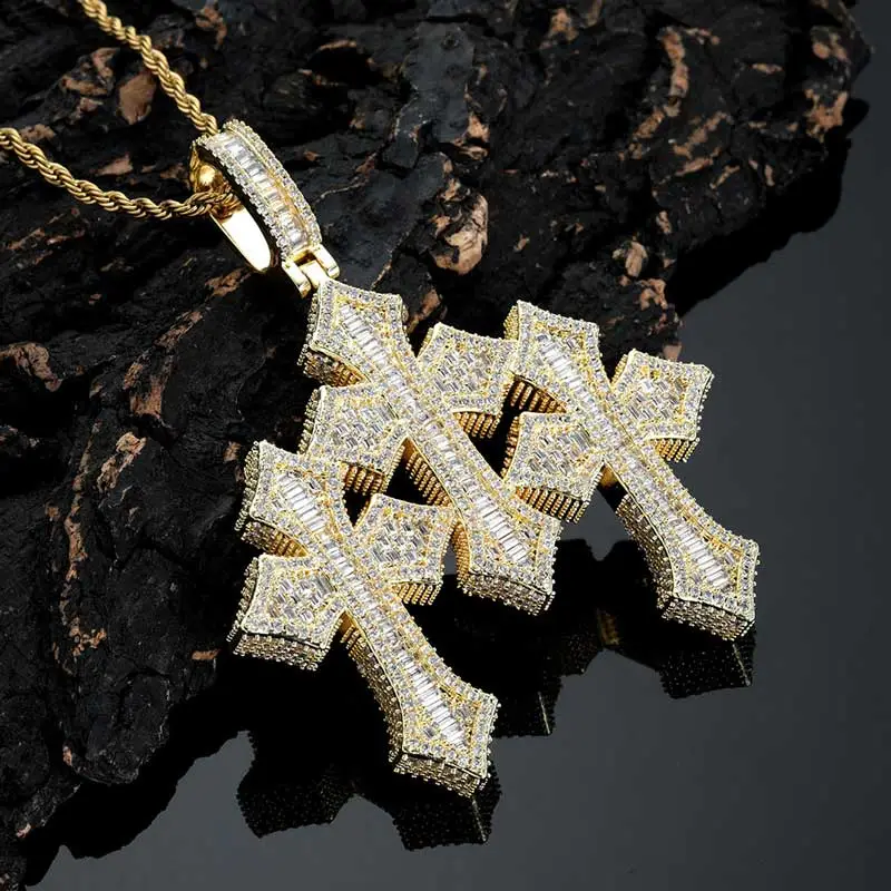 Iced Out Three Cross Pendant Baguette Diamond Custom Jewelry – ICEOMG