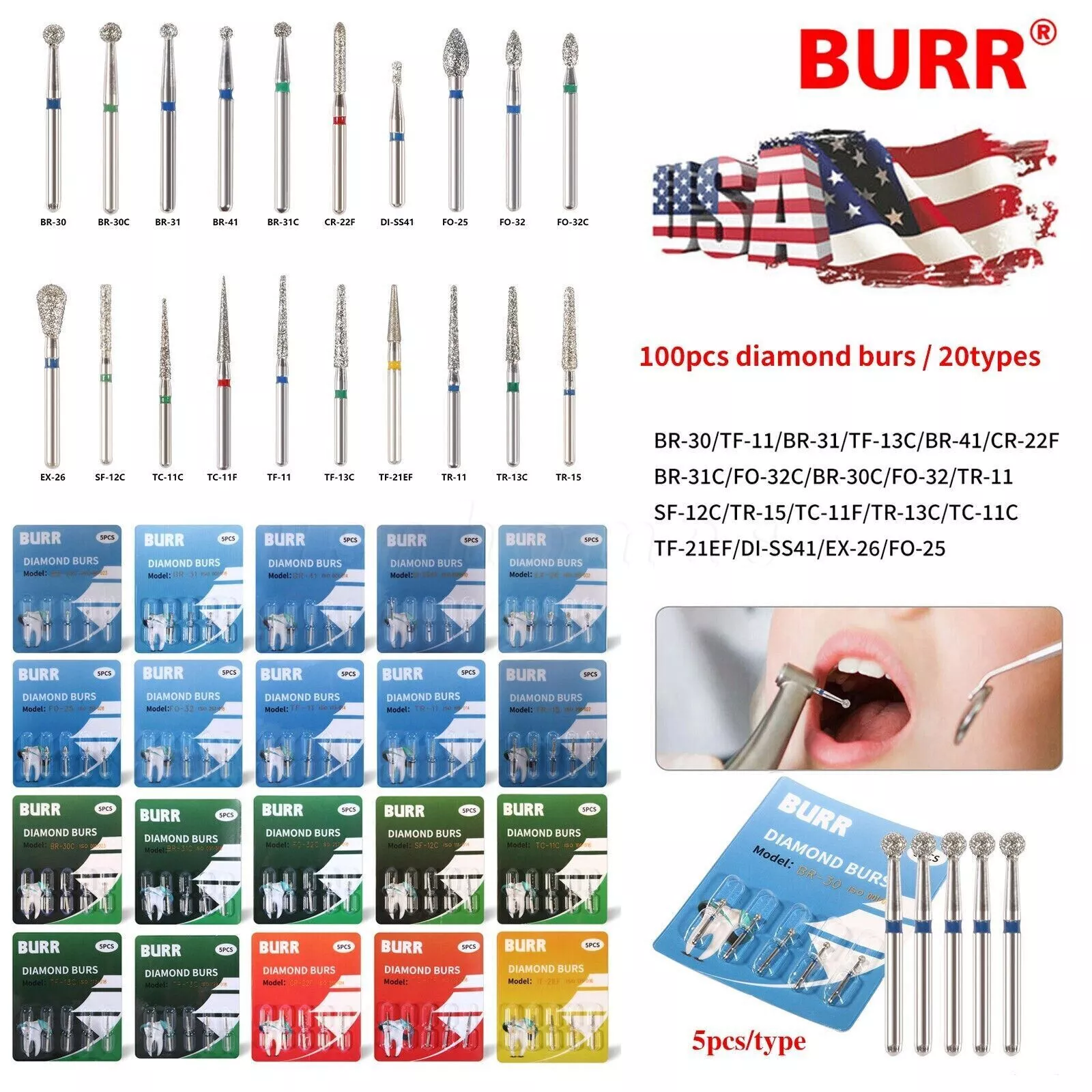 100pcs Dental Diamond Burs For High Speed Handpiece Friction Grip FG1 ...