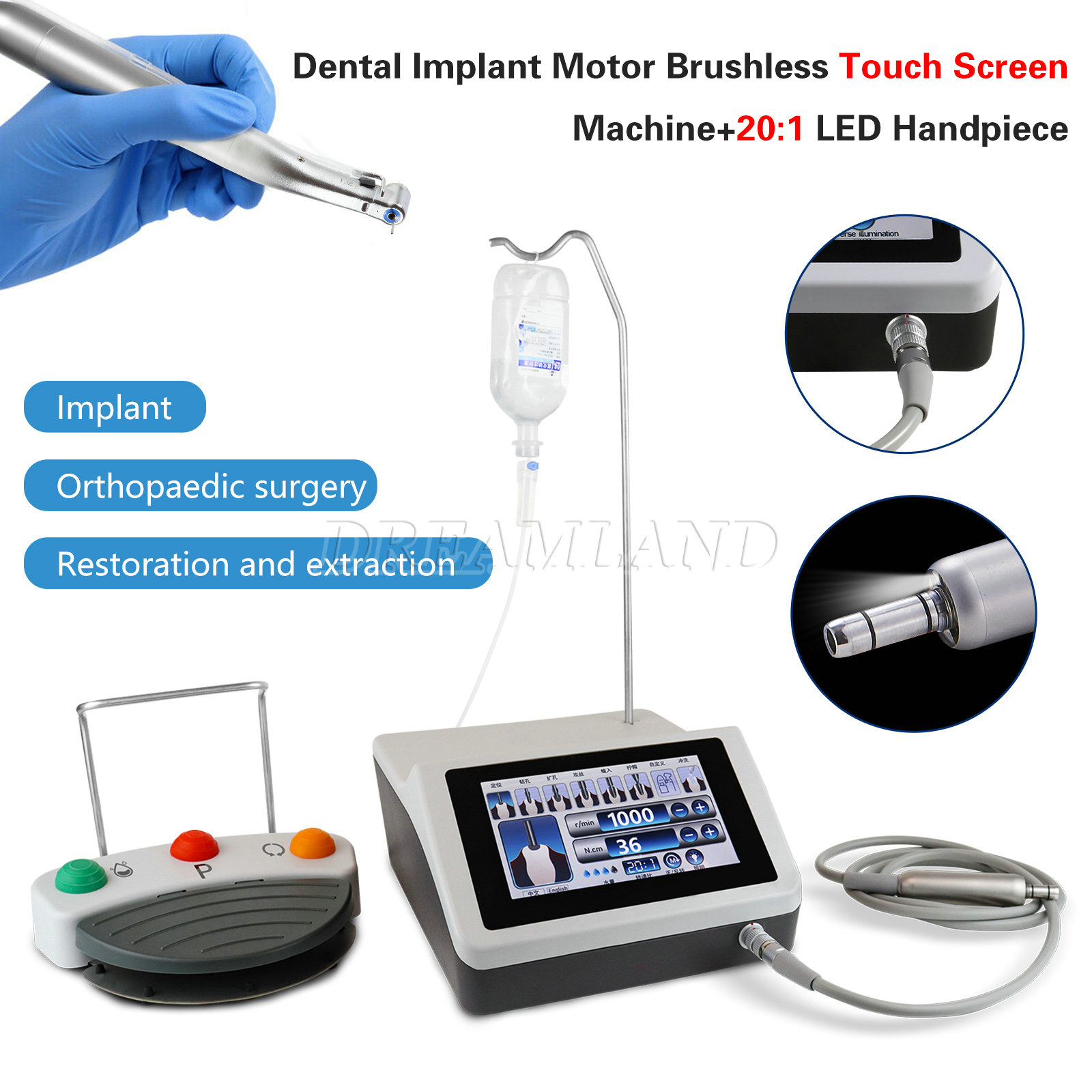 Dental Implant Surgical Brushless Motor +20:1 Handpiece touch screen ...