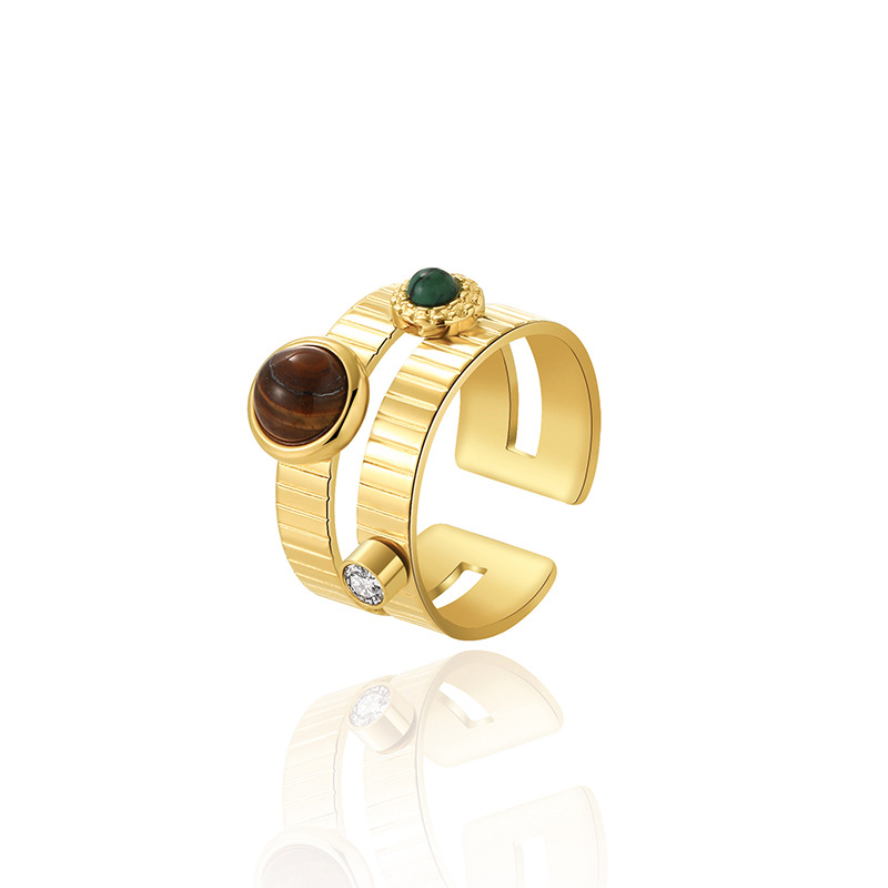 Trendy Double C STAINLESS STEEL OPEN RINGS inlayed with Malachite and ...
