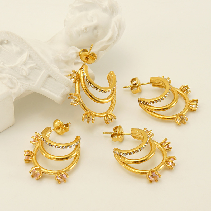 Wholesale Multi-Layered C-shaped Stainless Steel Earrings with Zirconia