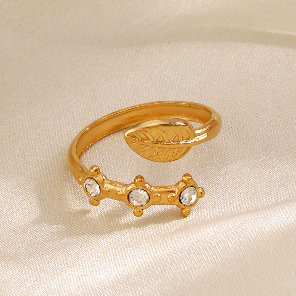 INS Style Leaf With Three Rhinestone Stainless Steel Crossover Ring