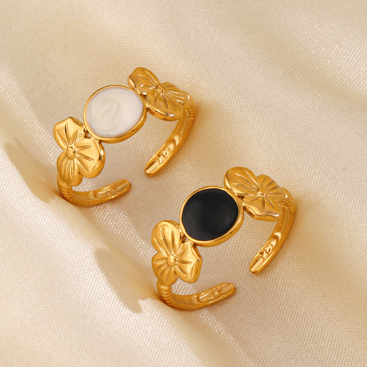 Hip Hop Round Enamel & Floral Stainless Steel Open Ring