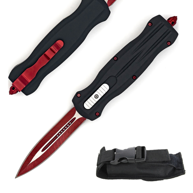 Custom Heavy Duty Otf Knife - Red Textured Blade Tactical Combat ...