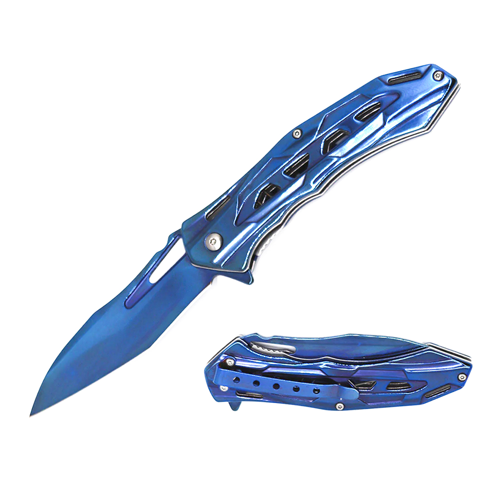 4.5" Blue Titanium Plating Spring Assisted Sheepfoot Blade Pocket Knife