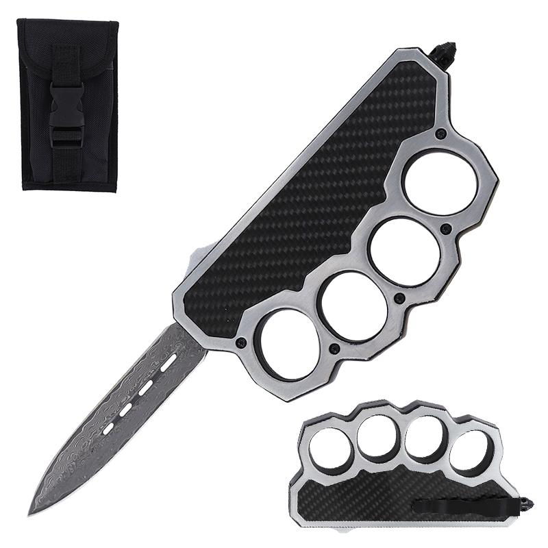 6 Inch Knuckle OTF Knife | Carbon Fiber Handle with Damascus Blade