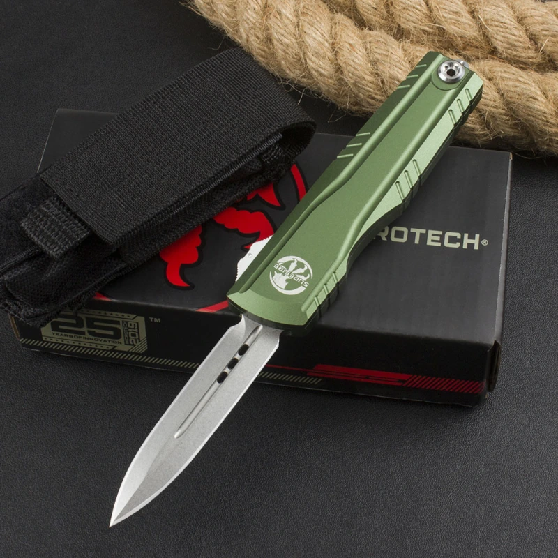 MT Combat Troodon Gen II AUTO OTF Knife 2.95" D2 Double Edge Dagger Blade, Black Aluminum Handles