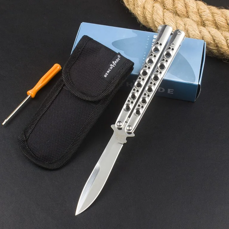 BM Balisong Butterfly Knife 3.74" 440C Mirror Point Blade, Silver Vein ...