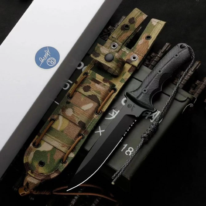 CR Pacific Combat Knife Fixed 6.49" CPM-MagnaCut Black Combo Blade, Black Canvas Micarta Handles ...