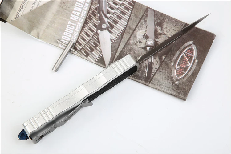 MT Prototype AUTO OTF Knife 2.87" D2 Satin Serrated Dagger Blade, Aviation Aluminum Handles