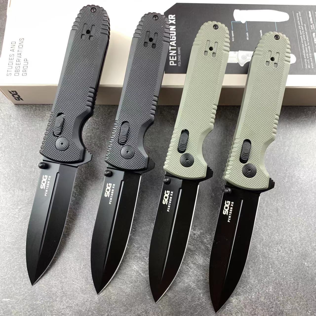 SOG Pentagon XR LTE Flipper Knife 3.5" CTS-XHP Plain Blade, Black G10 ...