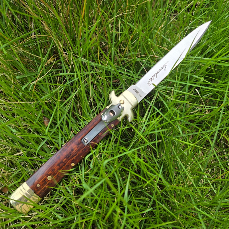 Italy Classical Plus Leverletto 9'' AKC OTF AUTO Knife 3.54" D2 Steel Blade, Brass+Wood Handles