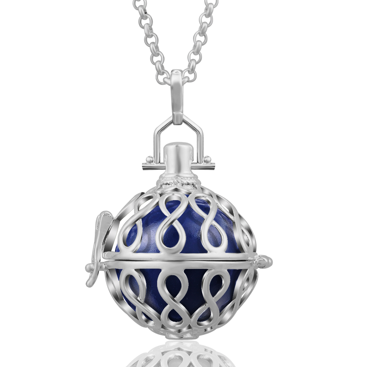 Elegant silver-plated infinity cage pendant featuring a soothing chime ...