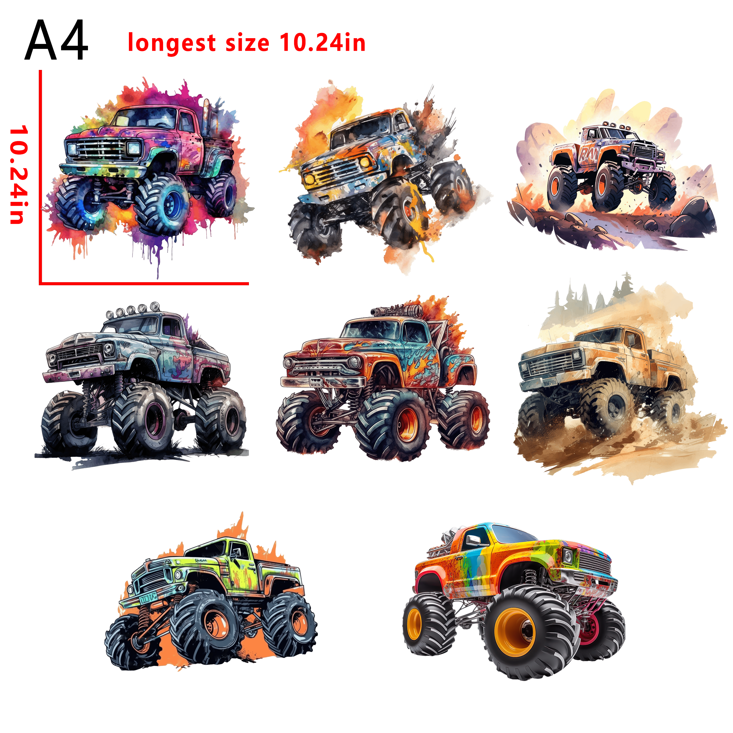 Monster trucks bundle DTF heat transfer vinyl for T-shirt hoodies fabrics