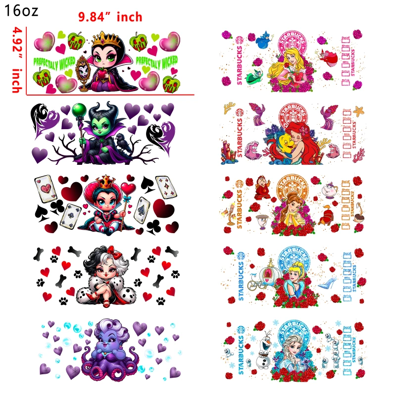20 PCS Disney Princess Villains DTF Cup wraps 16OZ tumbler water proof