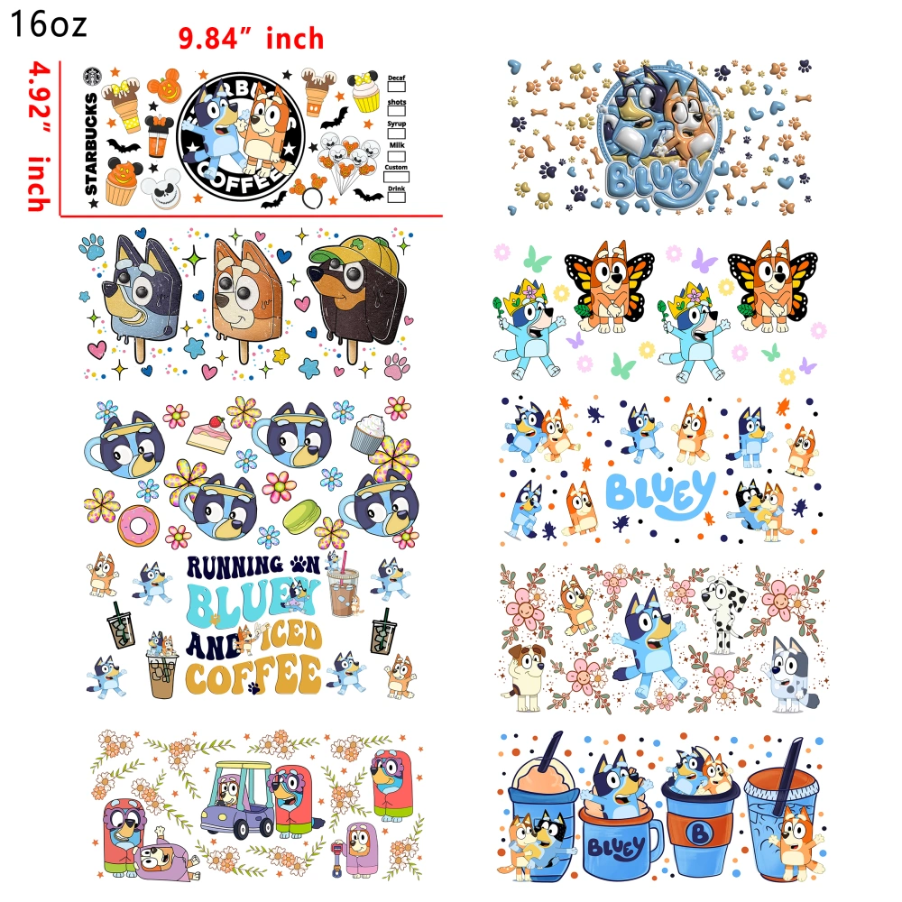 (X8) 20 PCS Bluey dog cartoon DTF Cup wraps 16OZ tumbler water proof