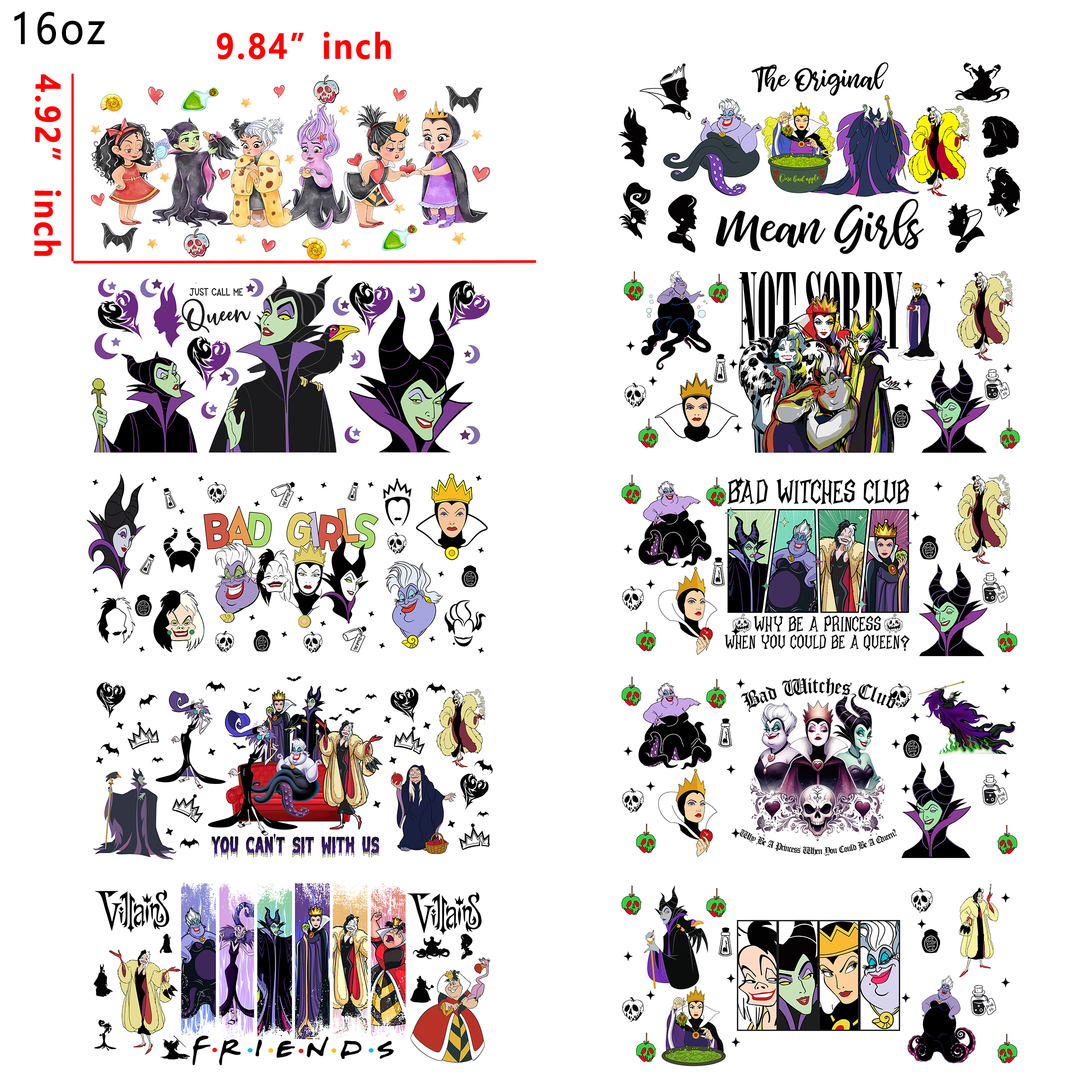 (X4) 20 PCS Villains Wicked Mixed Cup wraps 16OZ tumbler water proof