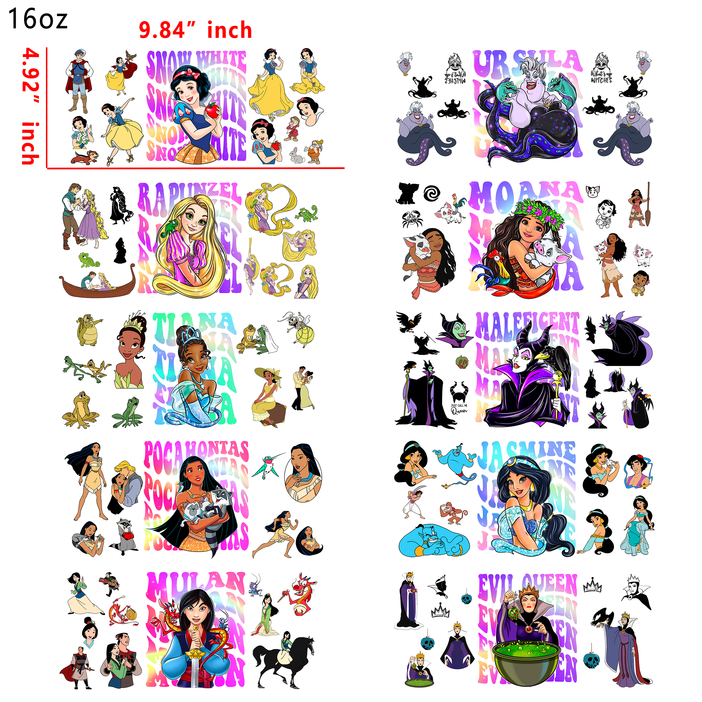 (U8) 20 PCS Princess Villains Cup wraps 16OZ tumbler water proof