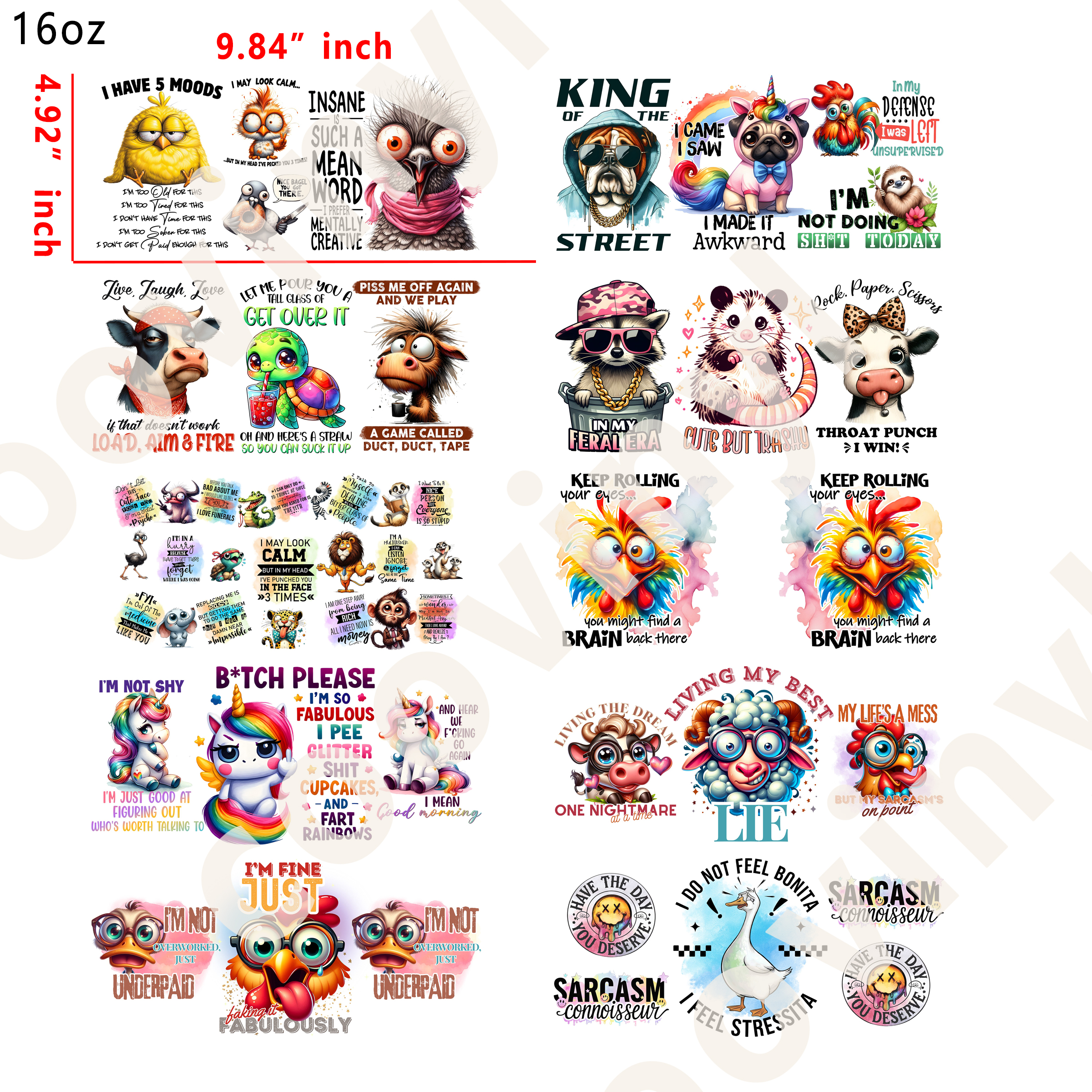 20 PCS Sassy Bad Animal cup wraps 16OZ tumbler water proof