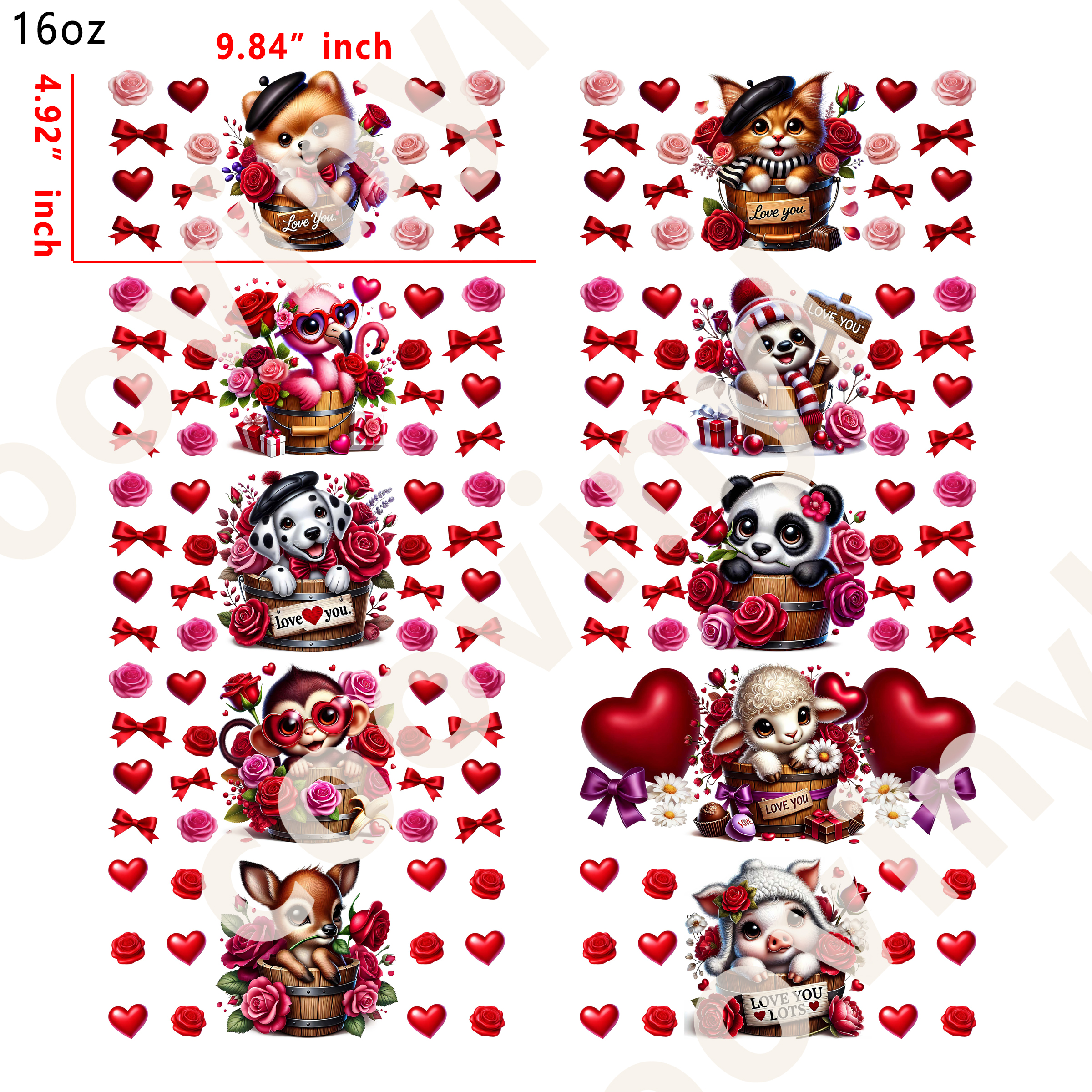20 PCS Valentine's Day Animal cup wraps 16OZ tumbler water proof
