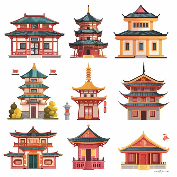 Collection of 9 Traditional Song Dynasty Chinese Architecture Icons