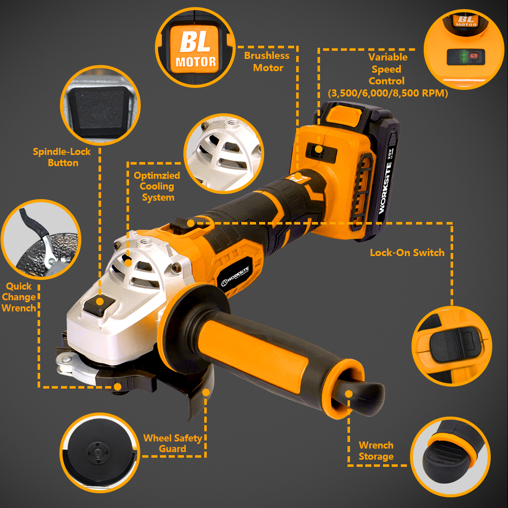 WORKSITE Brushless 20V Cordless Angle Grinder 4-1/2inch Grinders